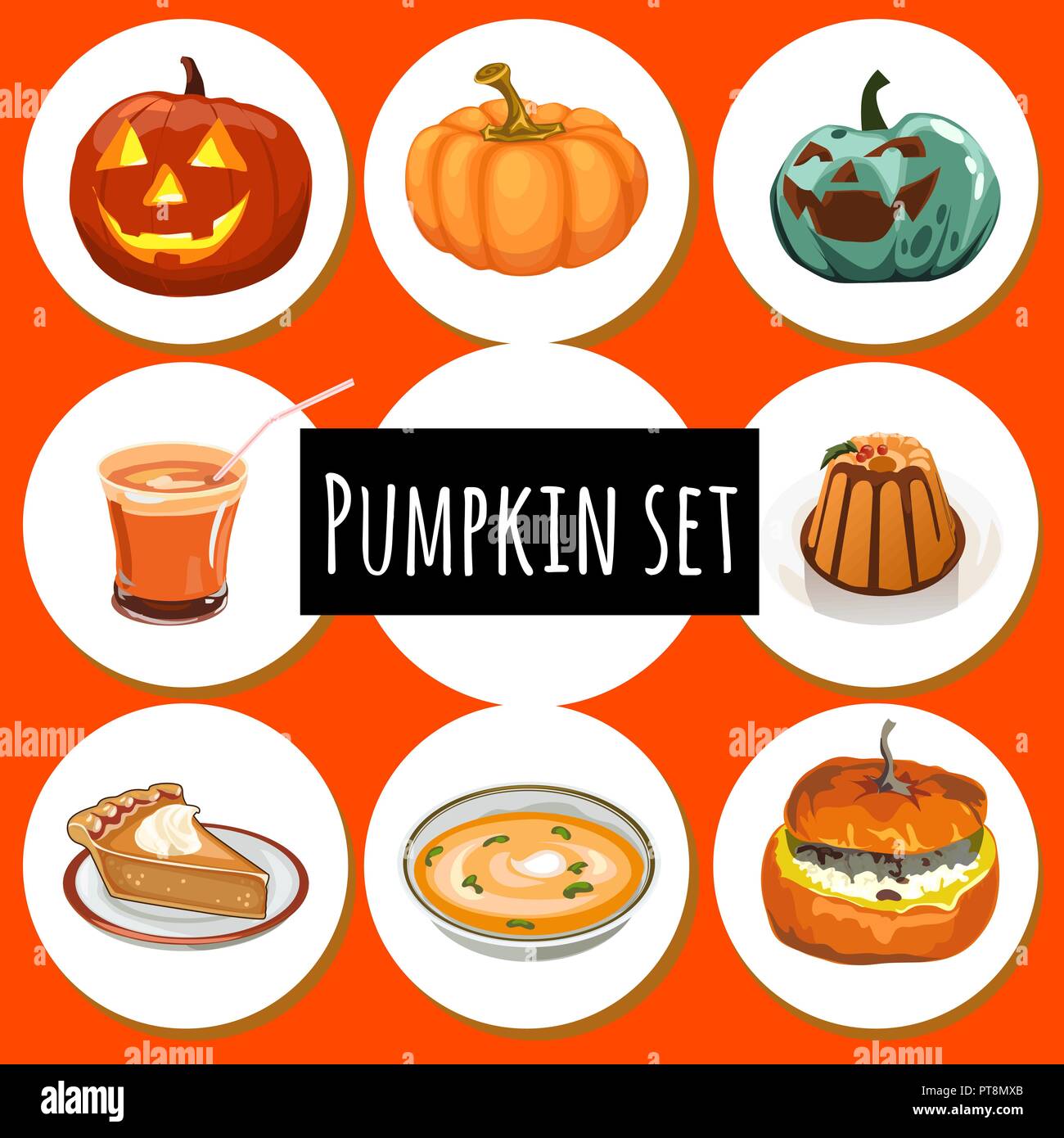 Set of ripe pumpkins, food and Jack-o-lantern. Attribute of holiday of ...