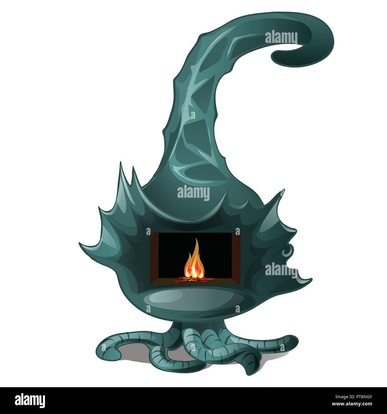 Fancy steel fireplace in dragon style isolated on white background. Vector cartoon close-up ...