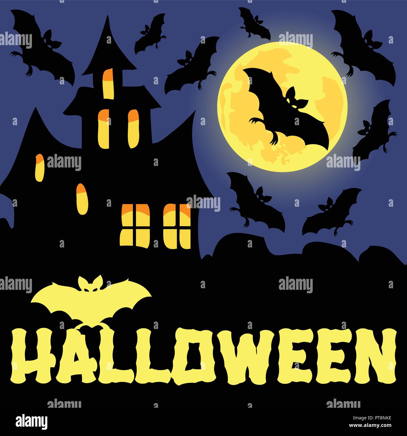 A poster on the theme of the Halloween holiday. Flying bats in full ...