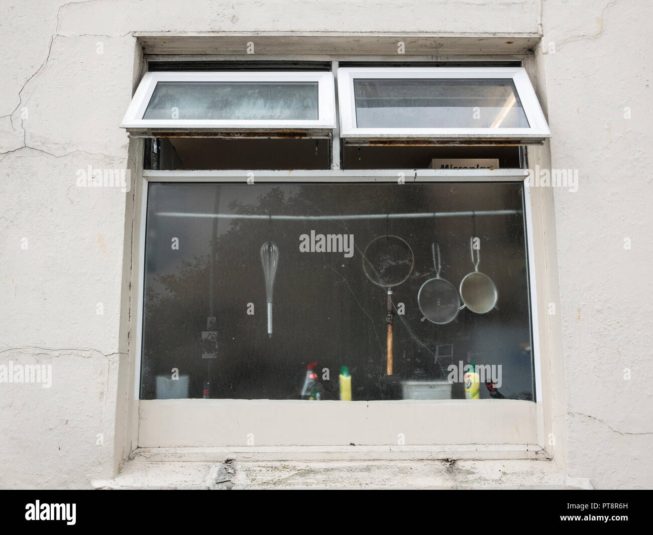 Steamed up rear kitchen window of a Chinese takeaway in Newquay ...