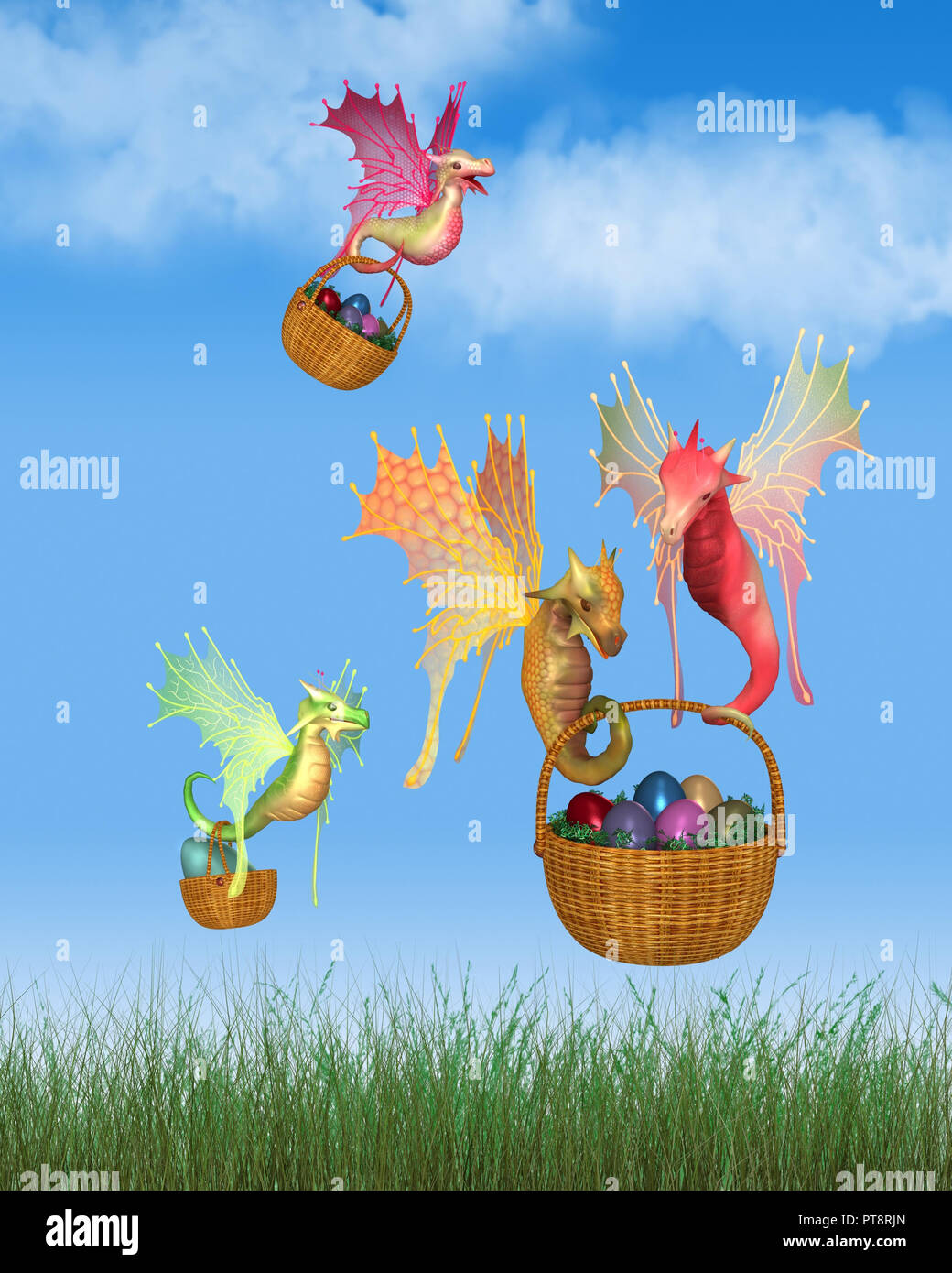 Cute Fairy Dragons Delivering Baskets of Easter Eggs Stock Photo - Alamy