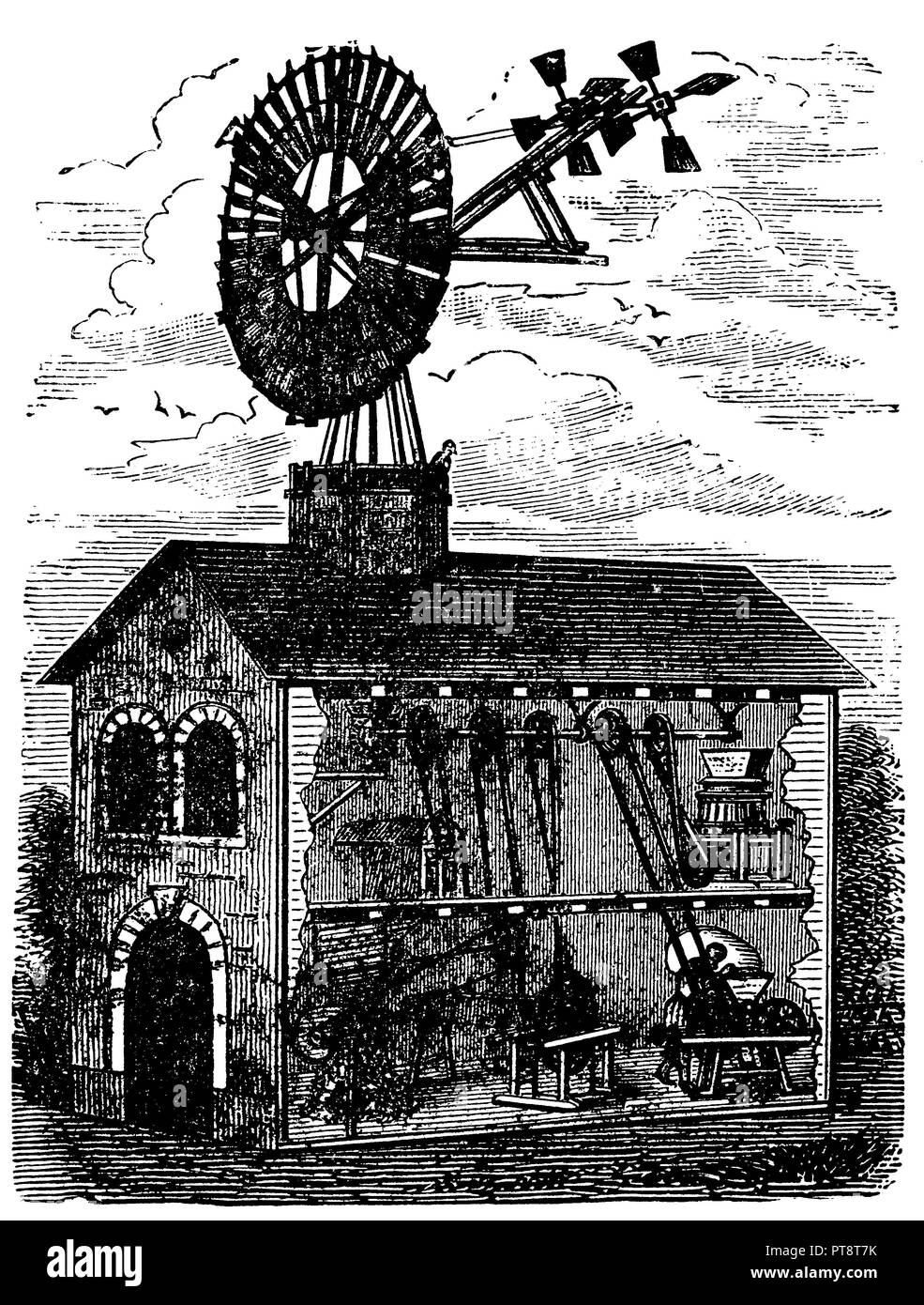 Agricultural machinery with wind engine operation, 1900 Stock Photo - Alamy