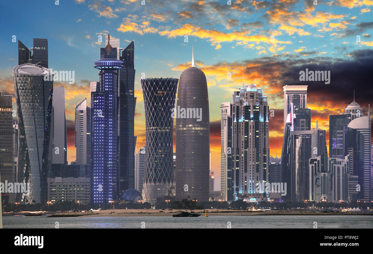 The skyline of Doha, Qatar before sunset Stock Photo - Alamy