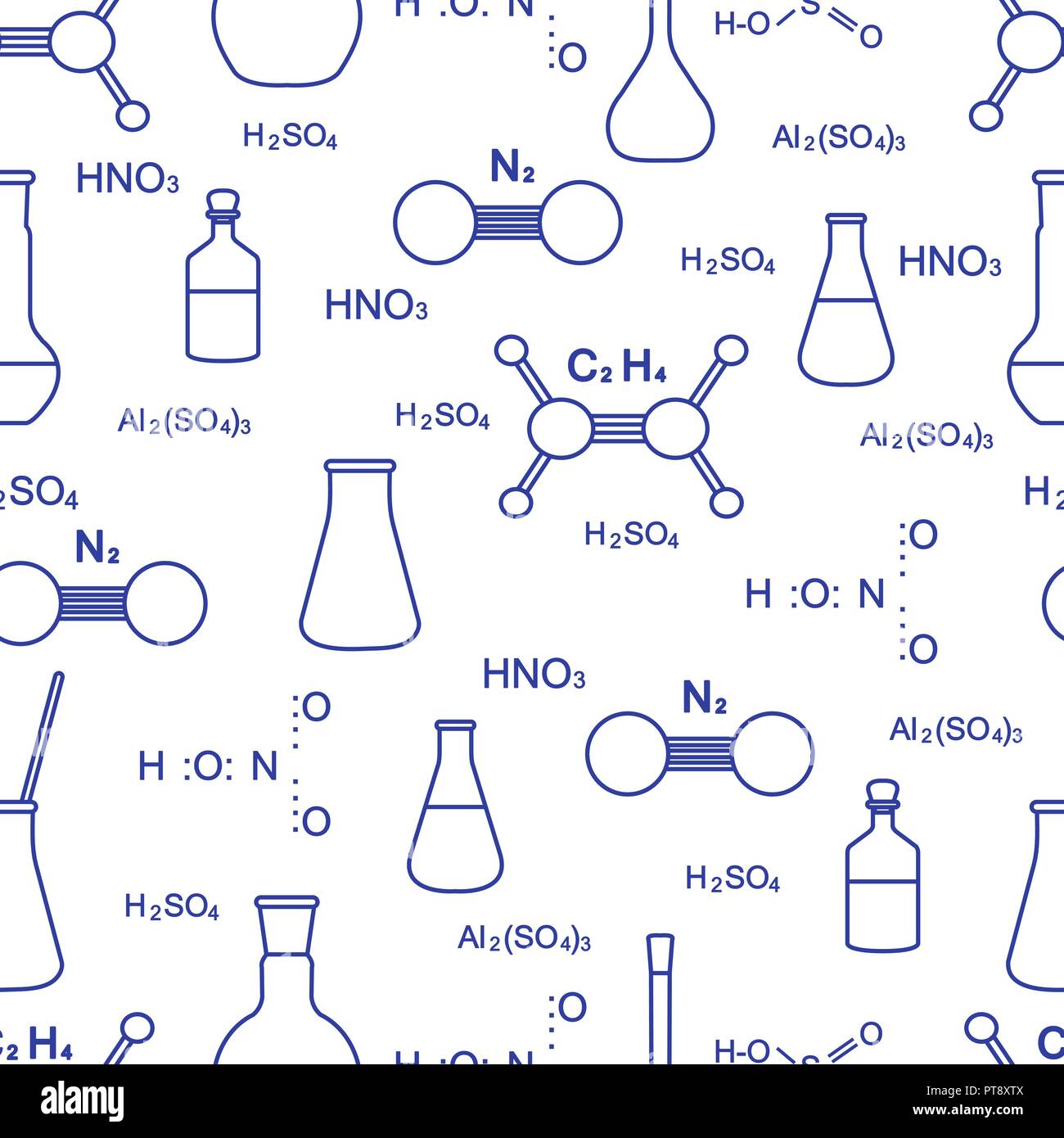 Scientific vector seamless pattern with flasks, beakers, molecule ...