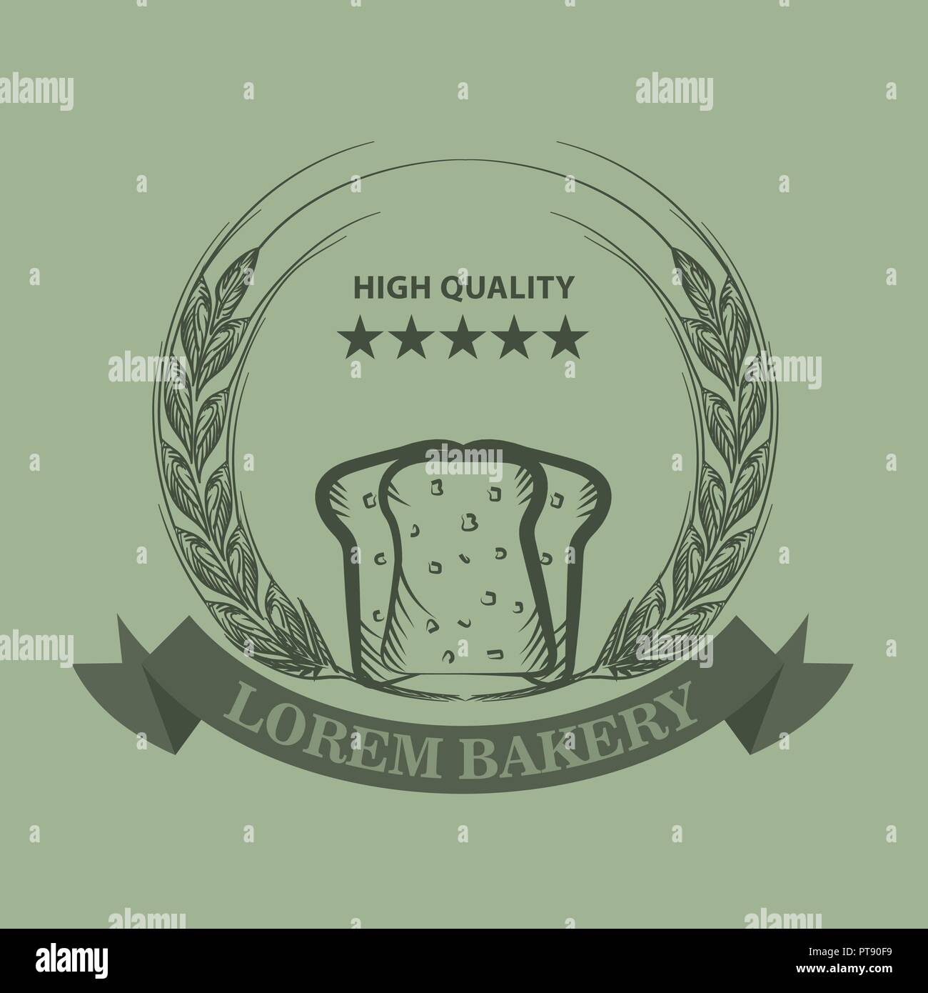 Bakery logo with sliced fresh bread, wheat, ribbon and stars. Sketch ...