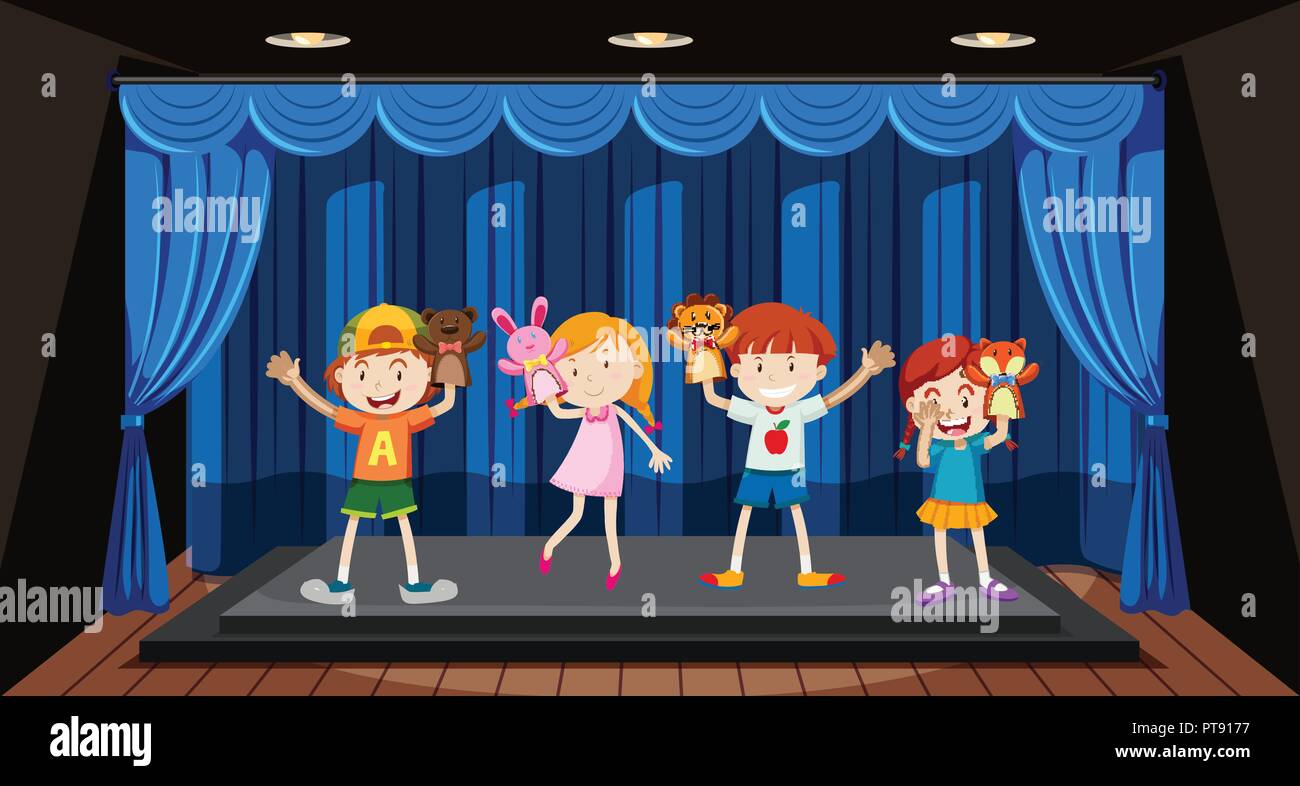 Children play hand puppet on stage illustration Stock Vector Image ...