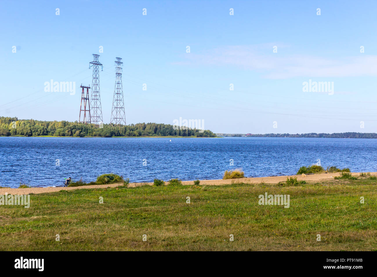 The Volga River near Konakovo. Electric power transmission above the ...