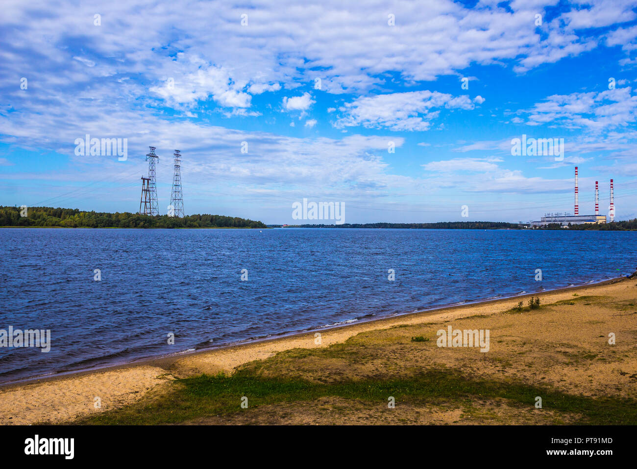 The Volga River. Central Russia.Power line and power station on the ...