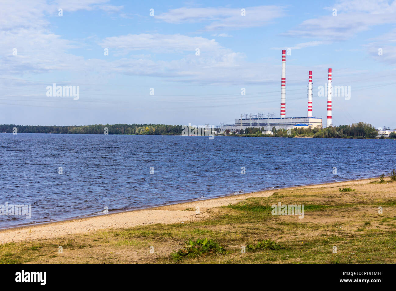 The Volga River. Central Russia.Power line and power station on the ...