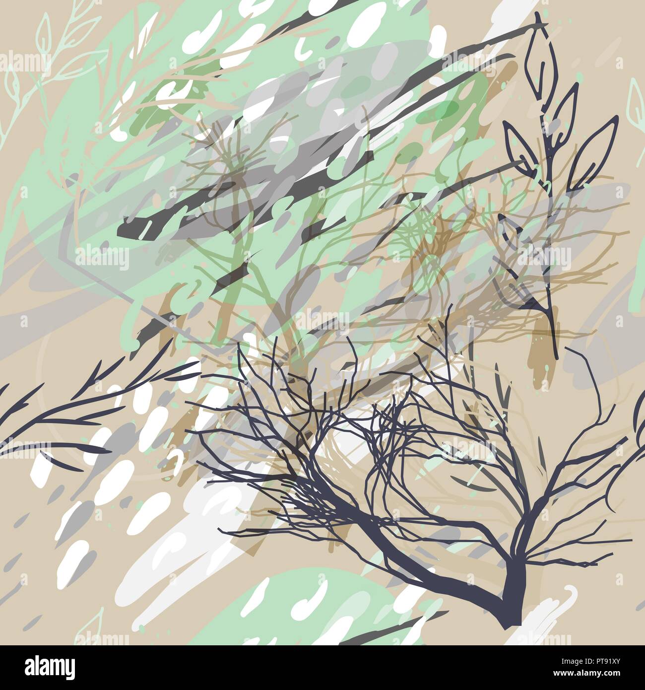 Military camouflage texture with trees, branches, grass and watercolor ...