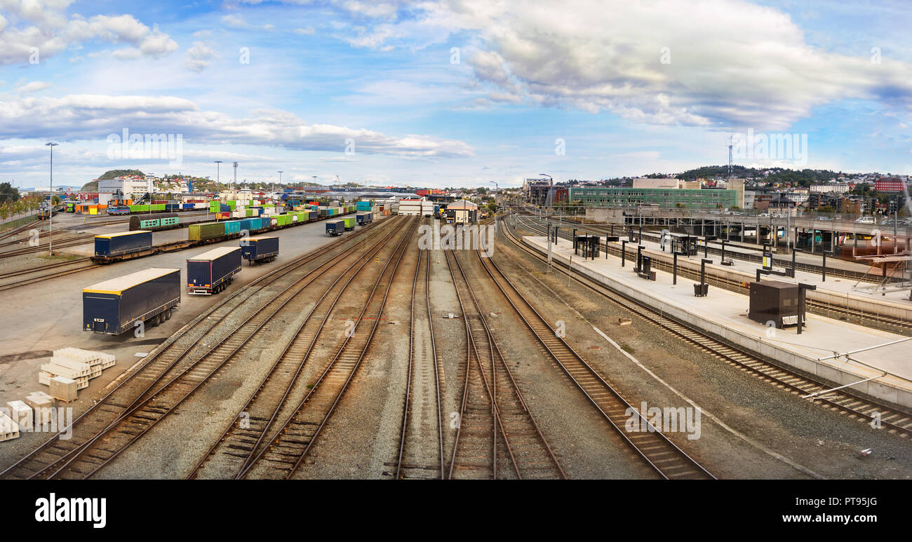 Panorama view of the railways and shipping containers of the Trondheim ...