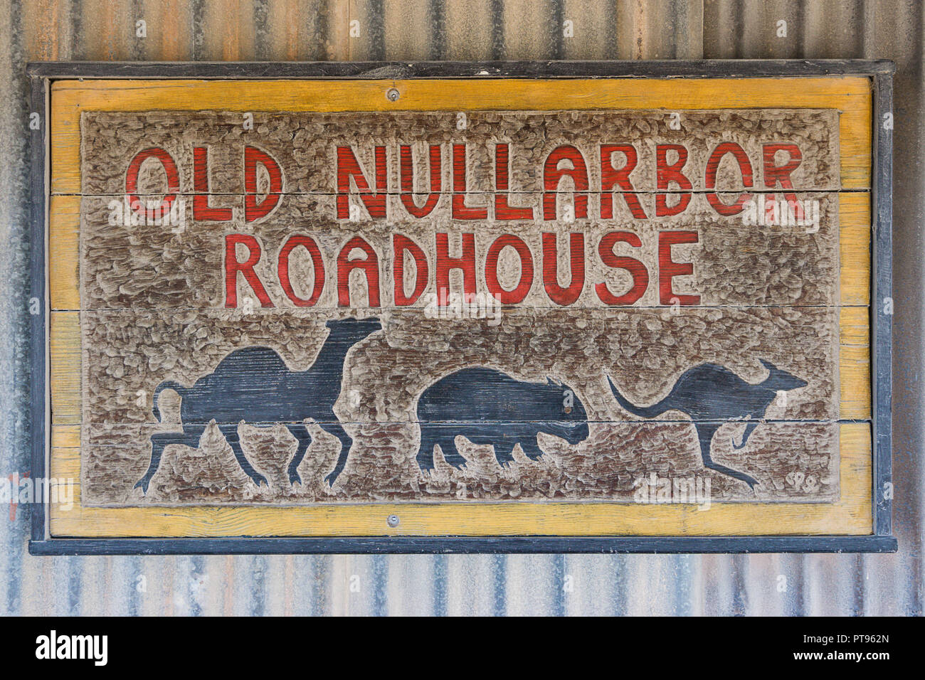 Nullabor Roadhouse sign on wall of historic roadhouse, now a historical ...