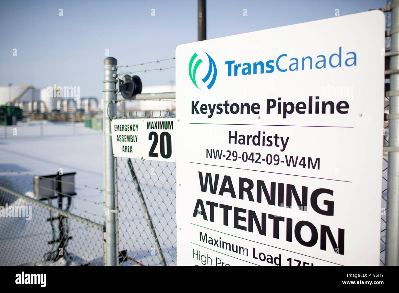 A warning sign for the Keystone Pipeline outside of TransCanada ...