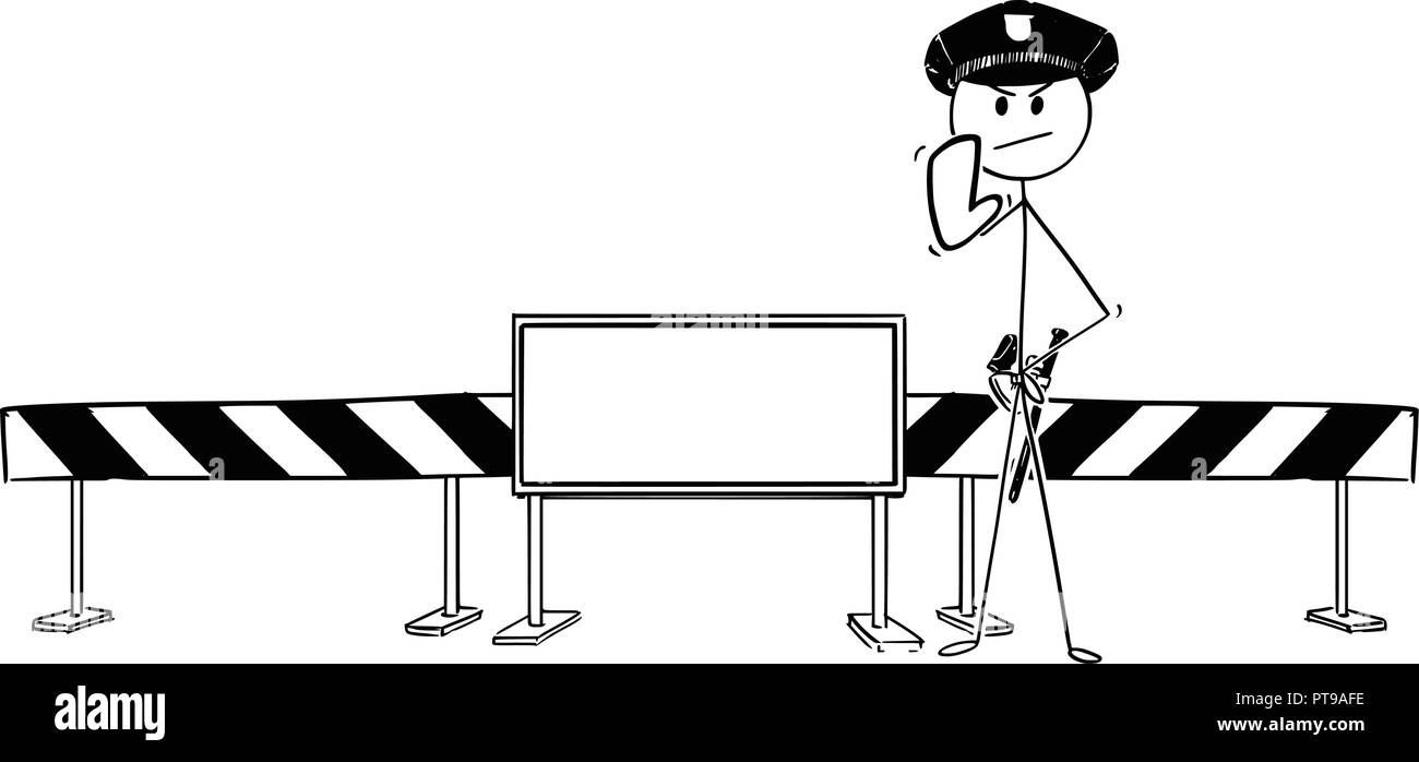 Hand Drawing of Policemen Standing Near Road Block With Empty Sign ...