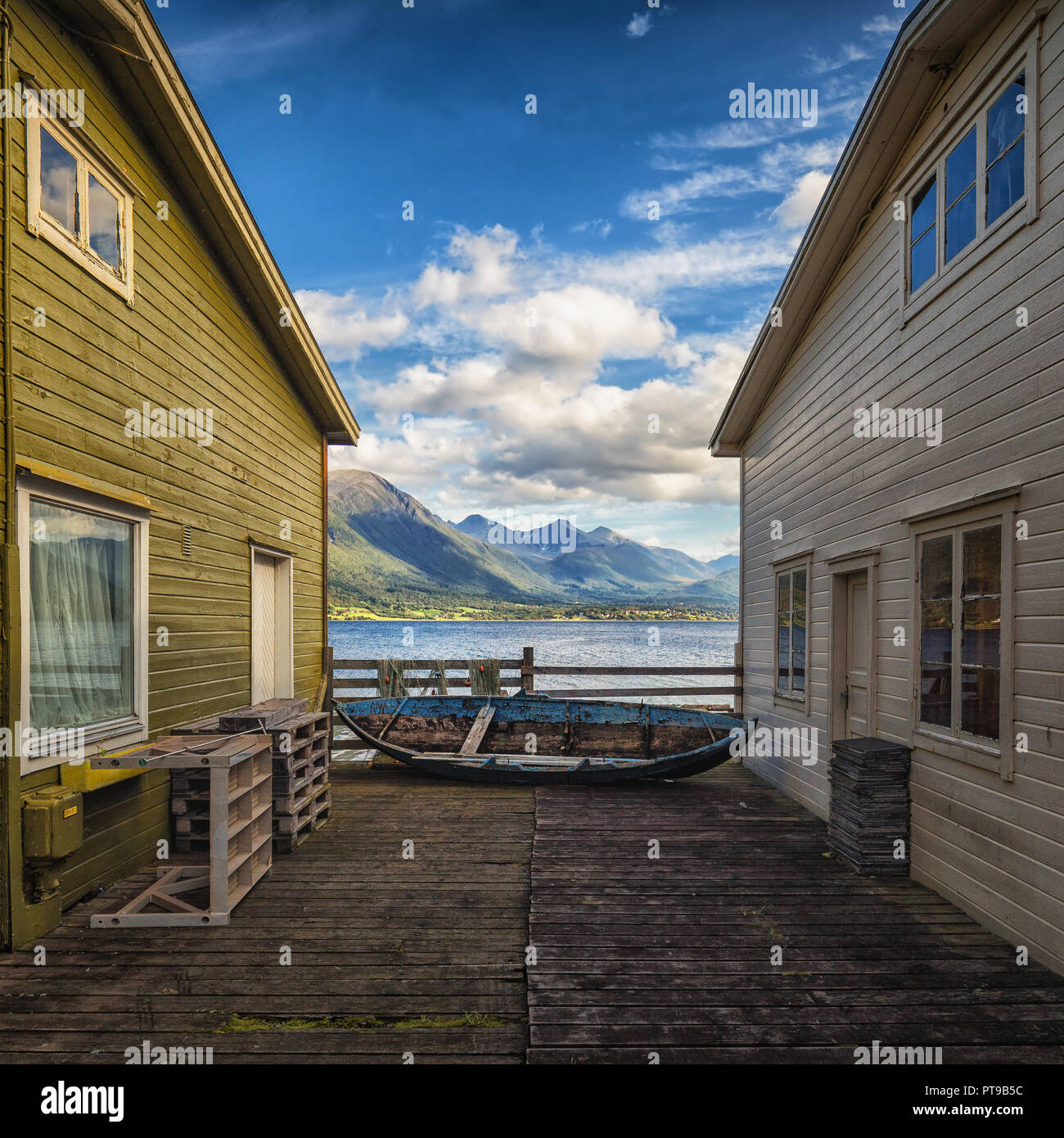 Old harbor buildings in Åndalsnes, view on Isfjorden fiord. Norway ...