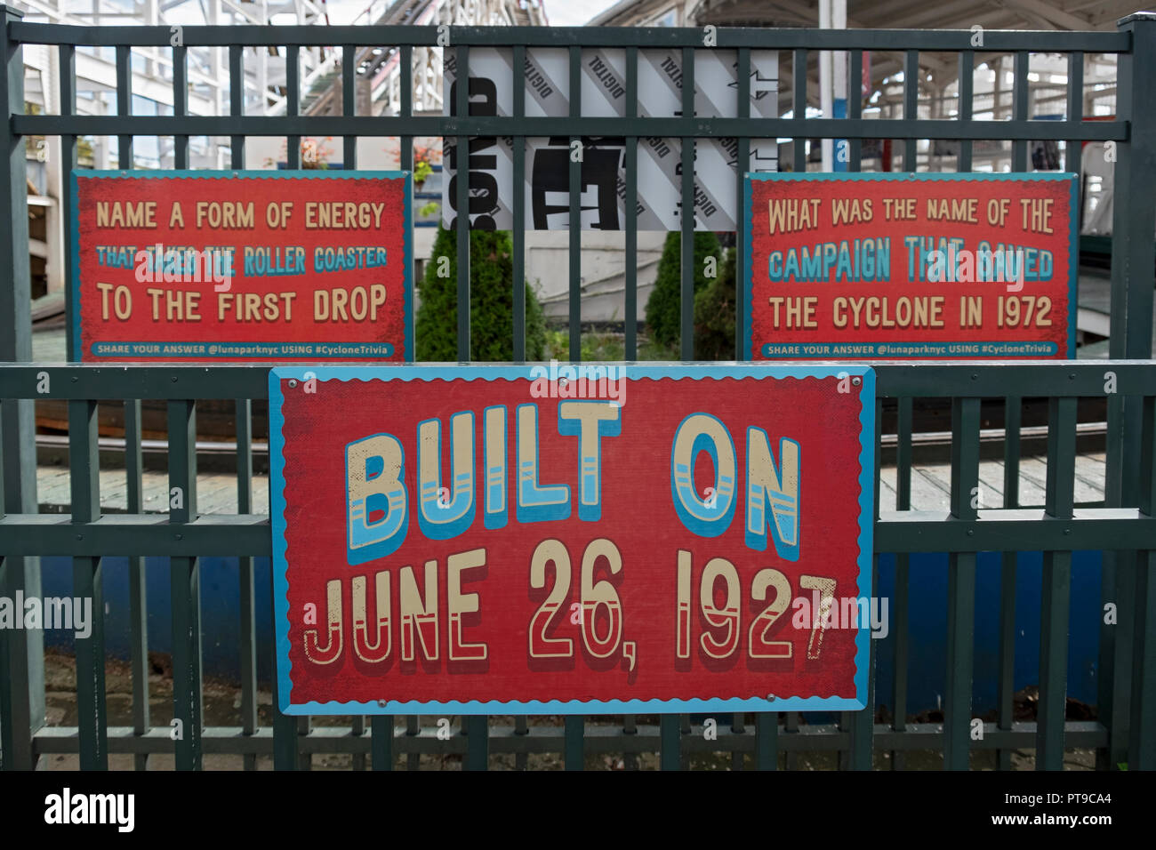 Signage at the entrance to the CYCLONE roller coaster in Coney Island ...