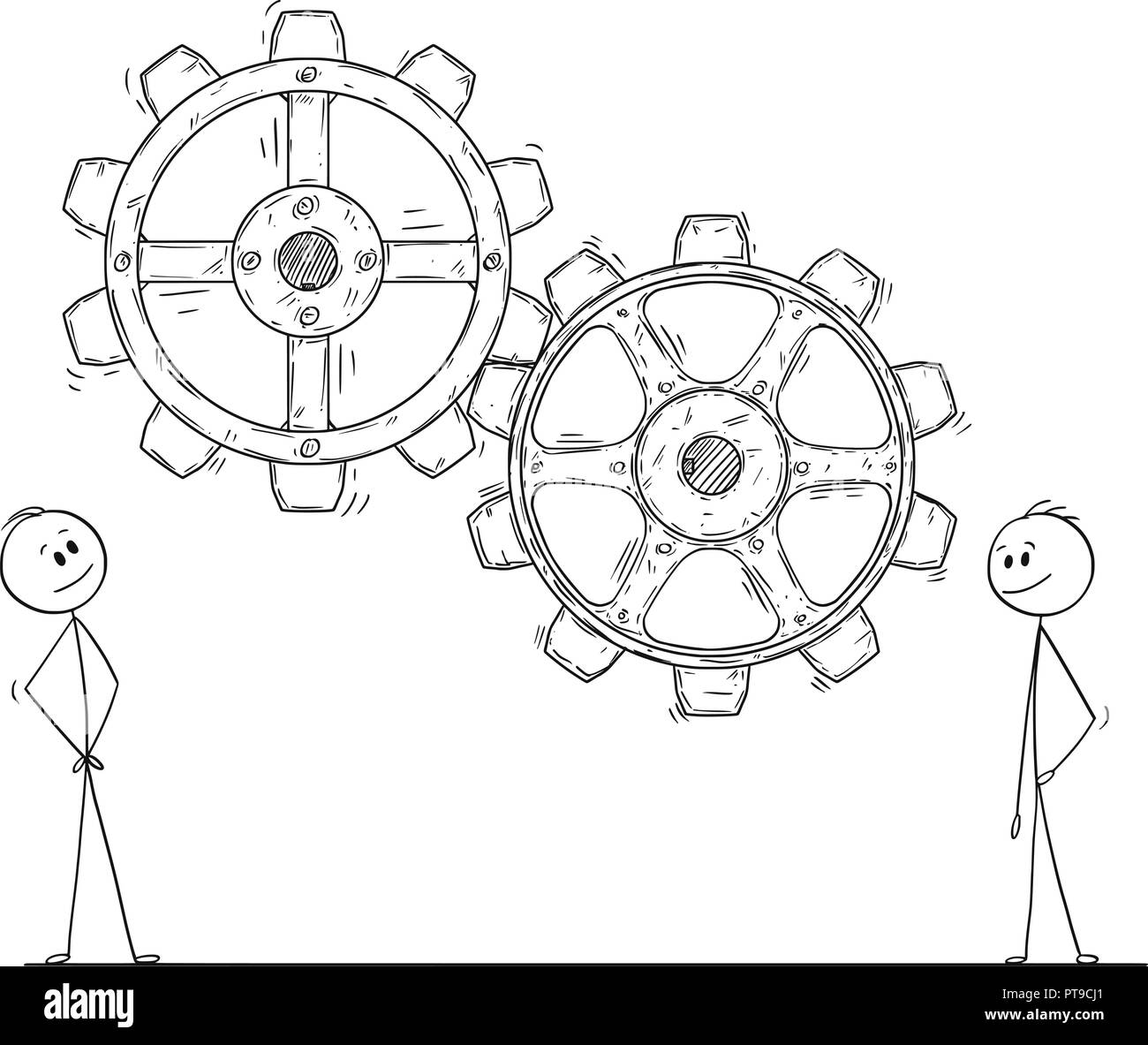 Cartoon of Two Men or Businessmen Watching Working Gears or Cog Wheels ...