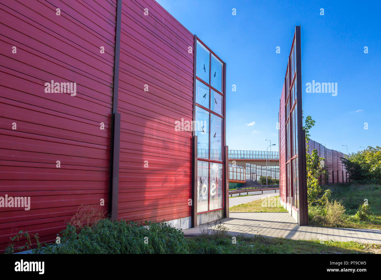 Sound absorbing screens along the highway. Metal frames filled with ...