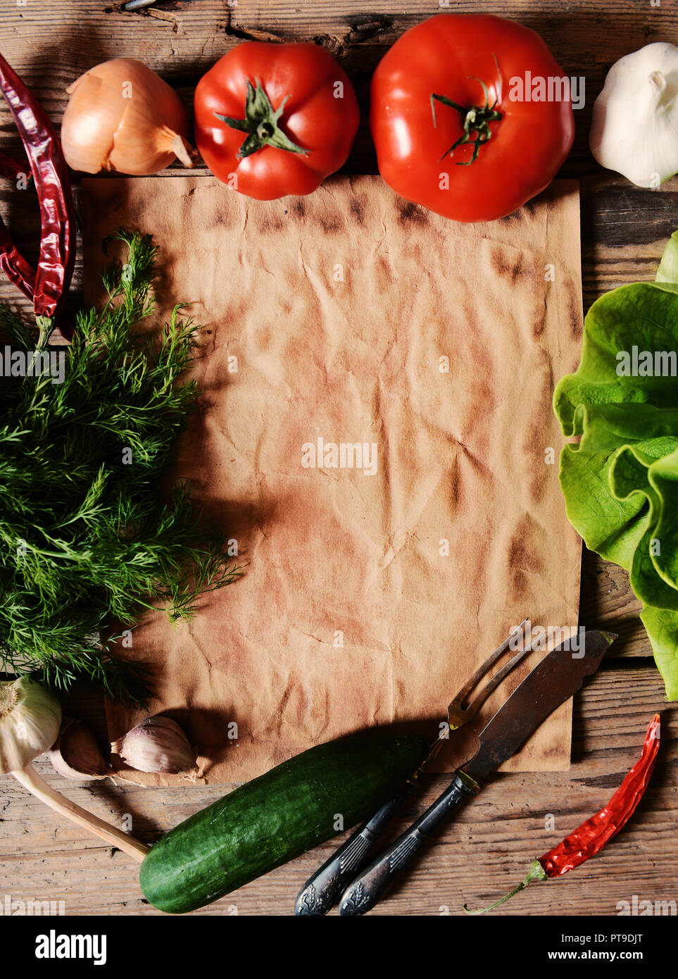 Vintage paper and vegetables around it - food background for recipes ...