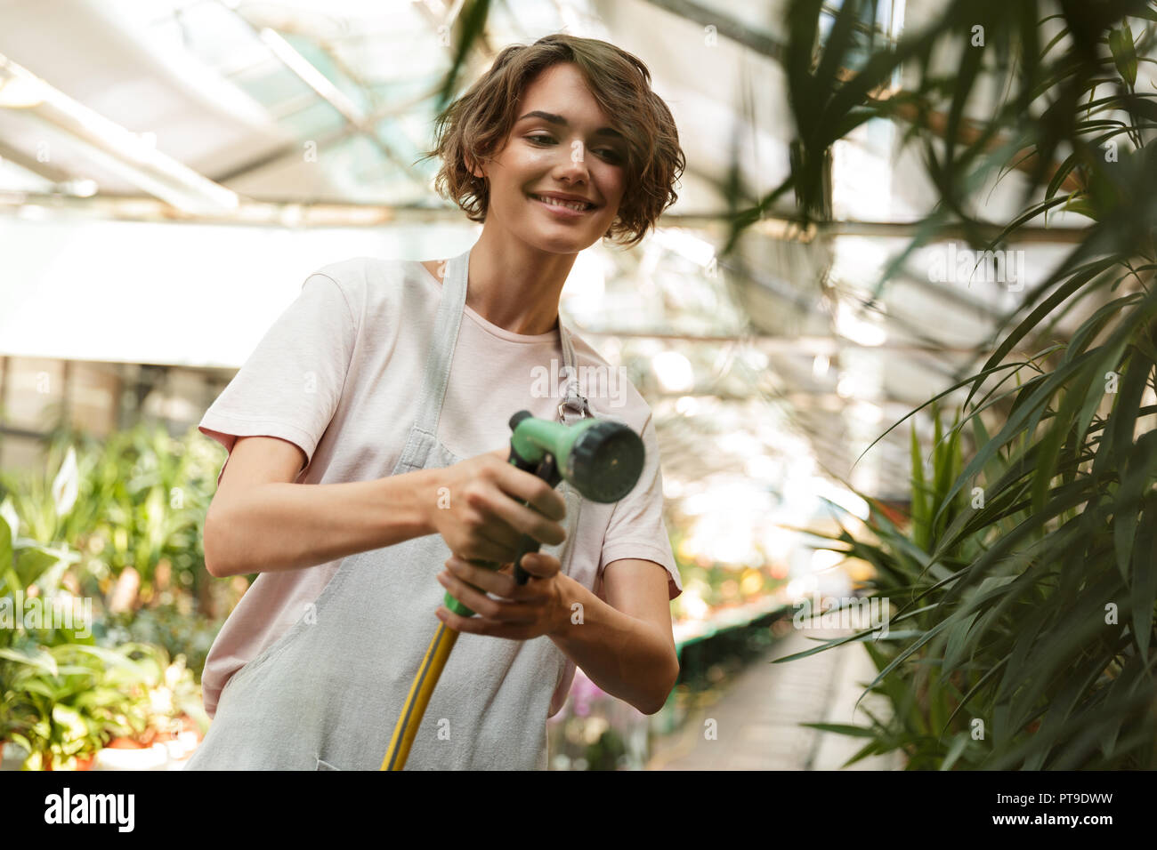 Image of beautiful cute woman gardener standing over plants in greenhouse water flowers Stock ...