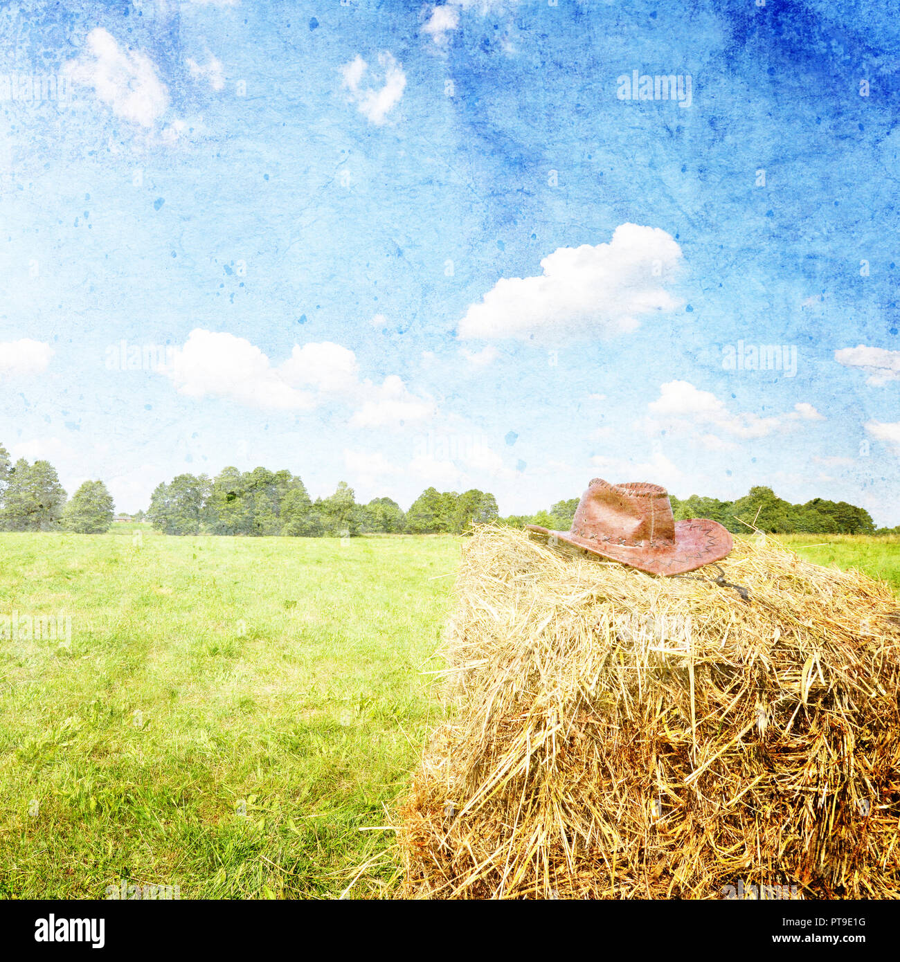 Summer landscape with cowboy hat on haystack Stock Photo - Alamy