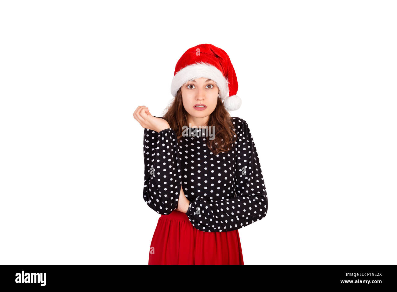 Portrait of disappointed pissed cute female in dress. emotional girl in ...