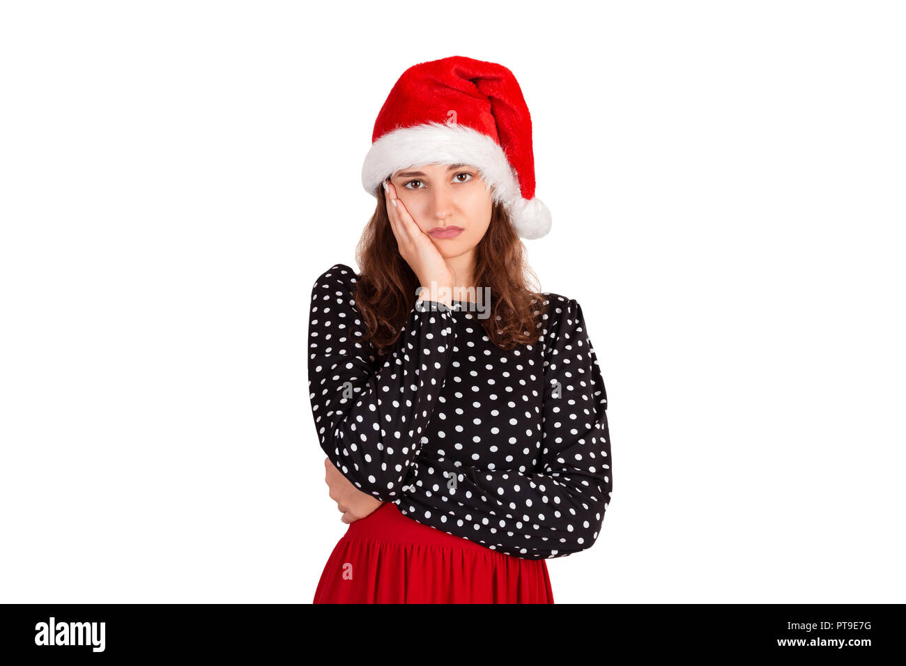 gloomy anxious good-looking woman in dress, frowning and being sad ...