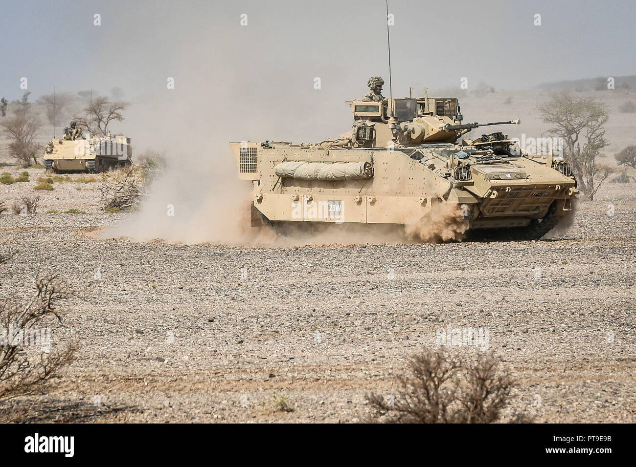 A Warrior armoured fighting vehicle makes a simulated attack on an ...