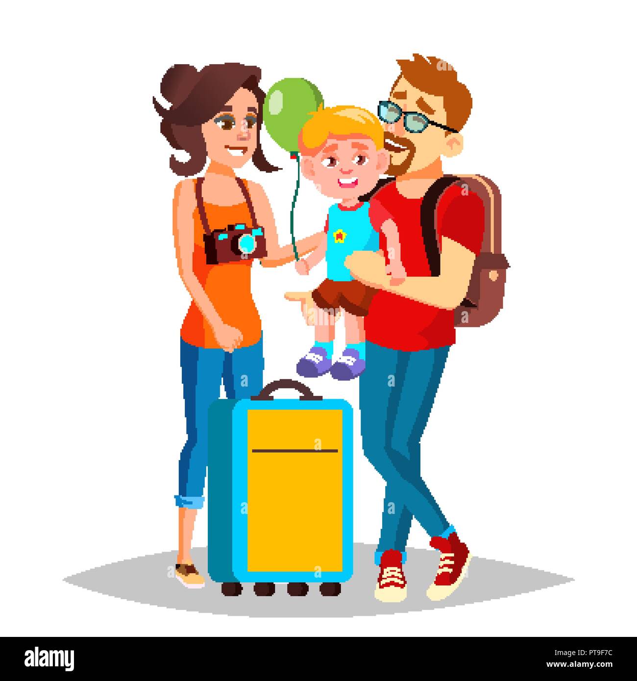 Young Family Traveling With A Small Child Vector. Isolated Illustration ...