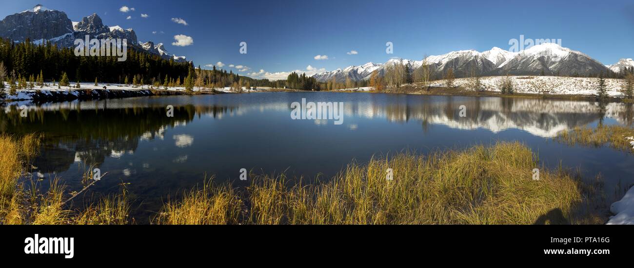 Panoramic Landscape Blue Quarry Lake. Snowy Rocky Mountain Peaks Water ...