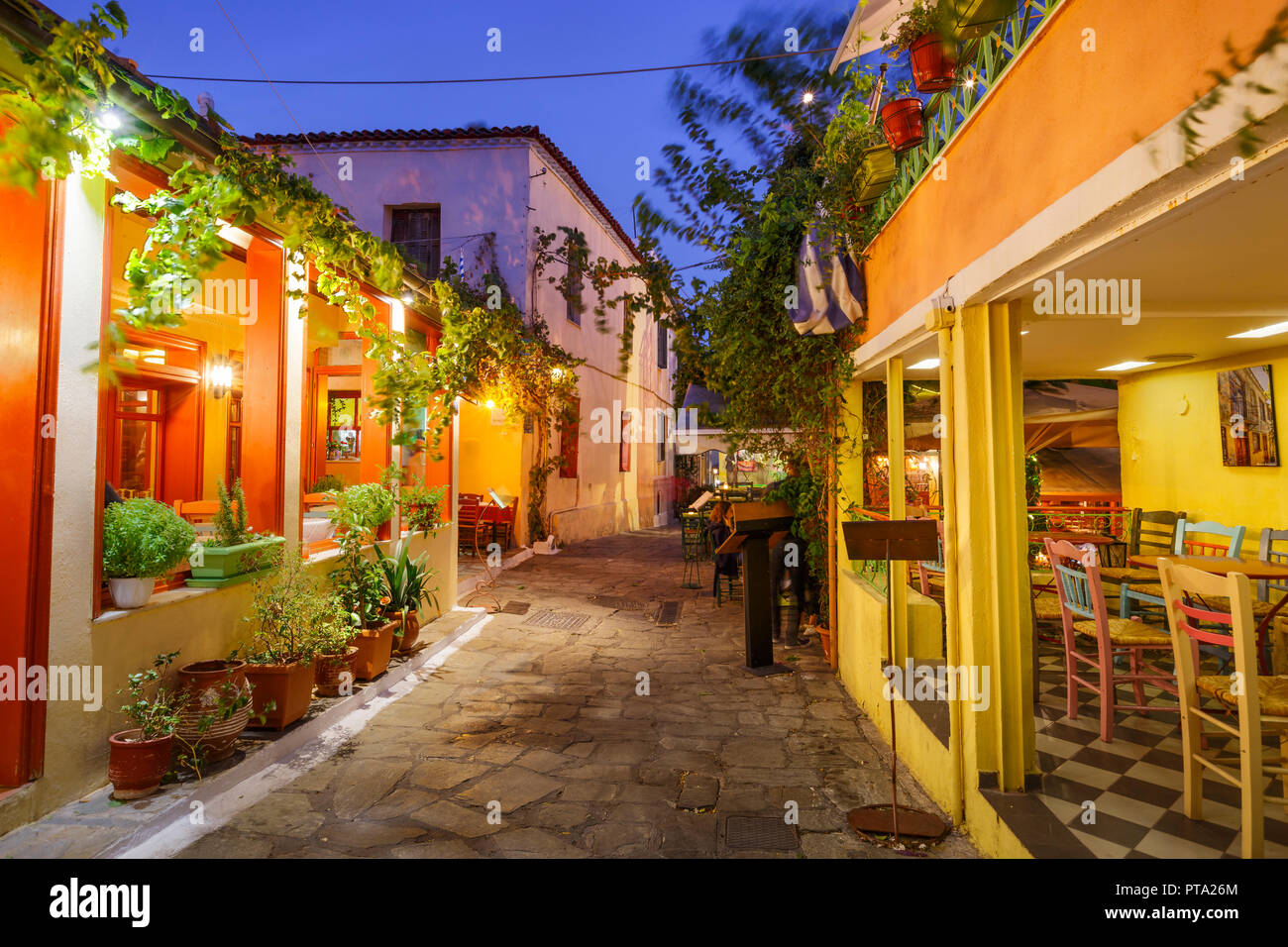 Athens, Greece - September 25, 2018: Coffee shops and bars in a street ...