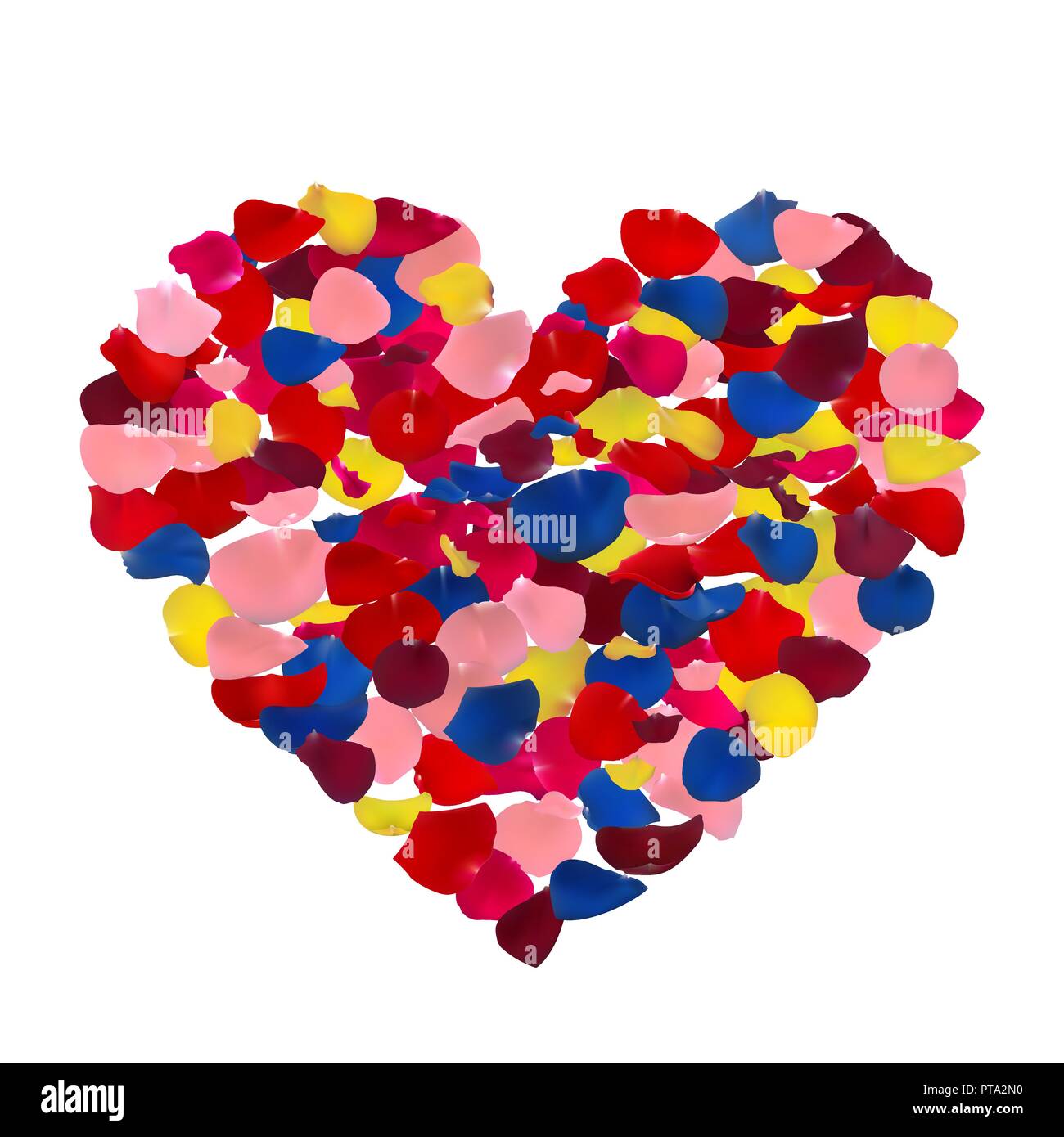 Pink, red, yellow and blue rose petals. The shape of a heart ...