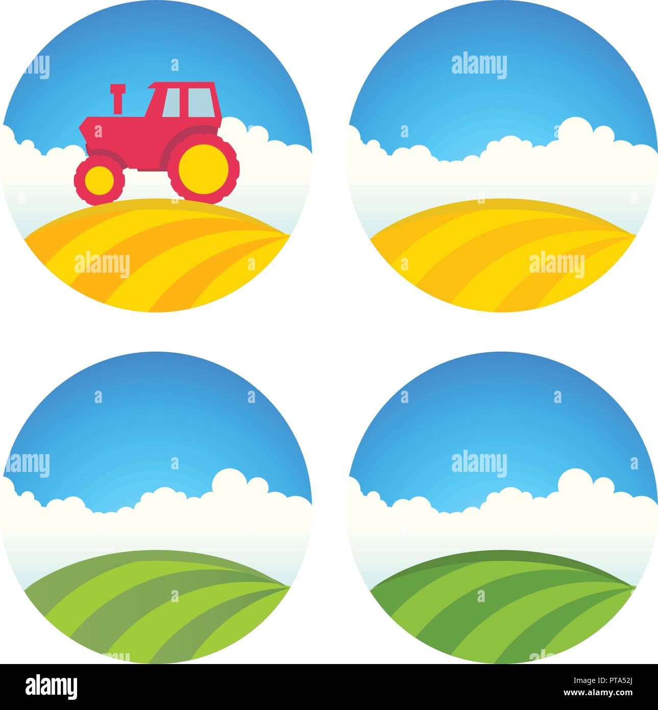 Round Farm Label with Tractor and Green Field of Barley isolated on ...