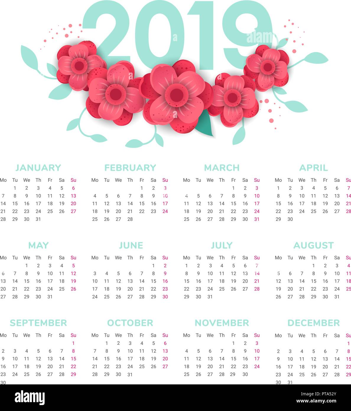 Vector of 2019 new year calendar in clean minimal style with flowers ...