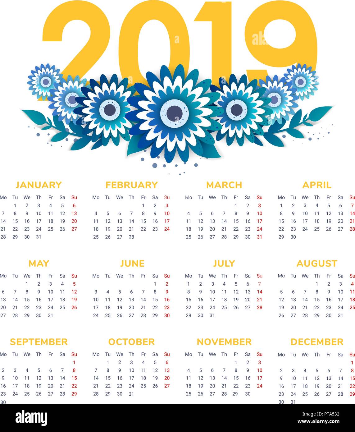 Vector of 2019 new year calendar in clean minimal style with flowers ...