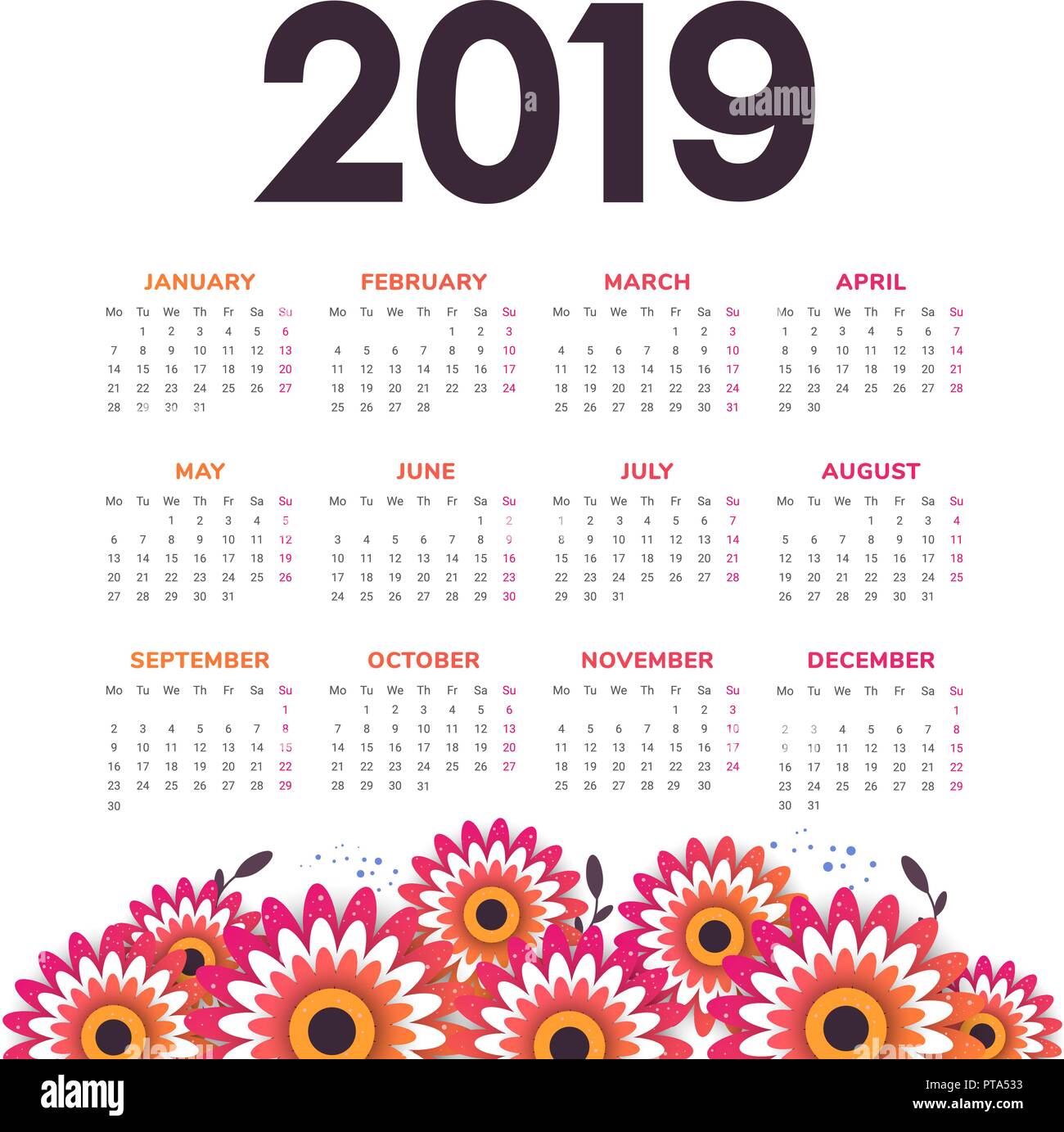 Vector of 2019 new year calendar in clean minimal style with flowers ...