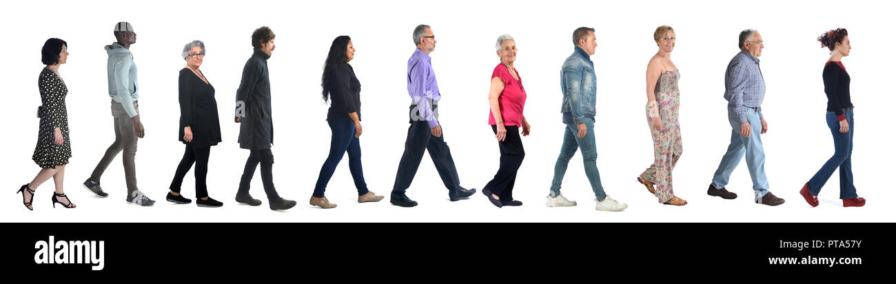 group of mixed people walking on white Stock Photo - Alamy