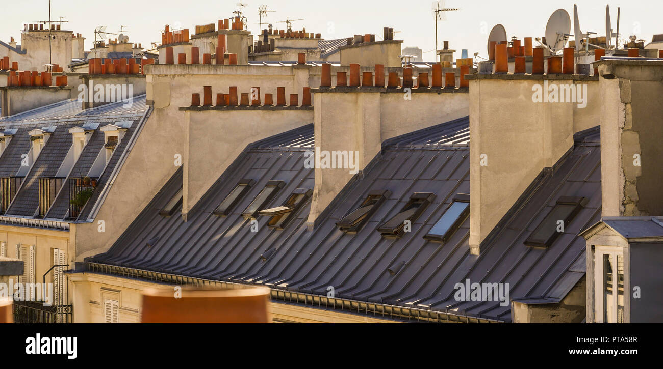 The roofs of Paris and its chimneys under a clouds sky, France, Europe ...