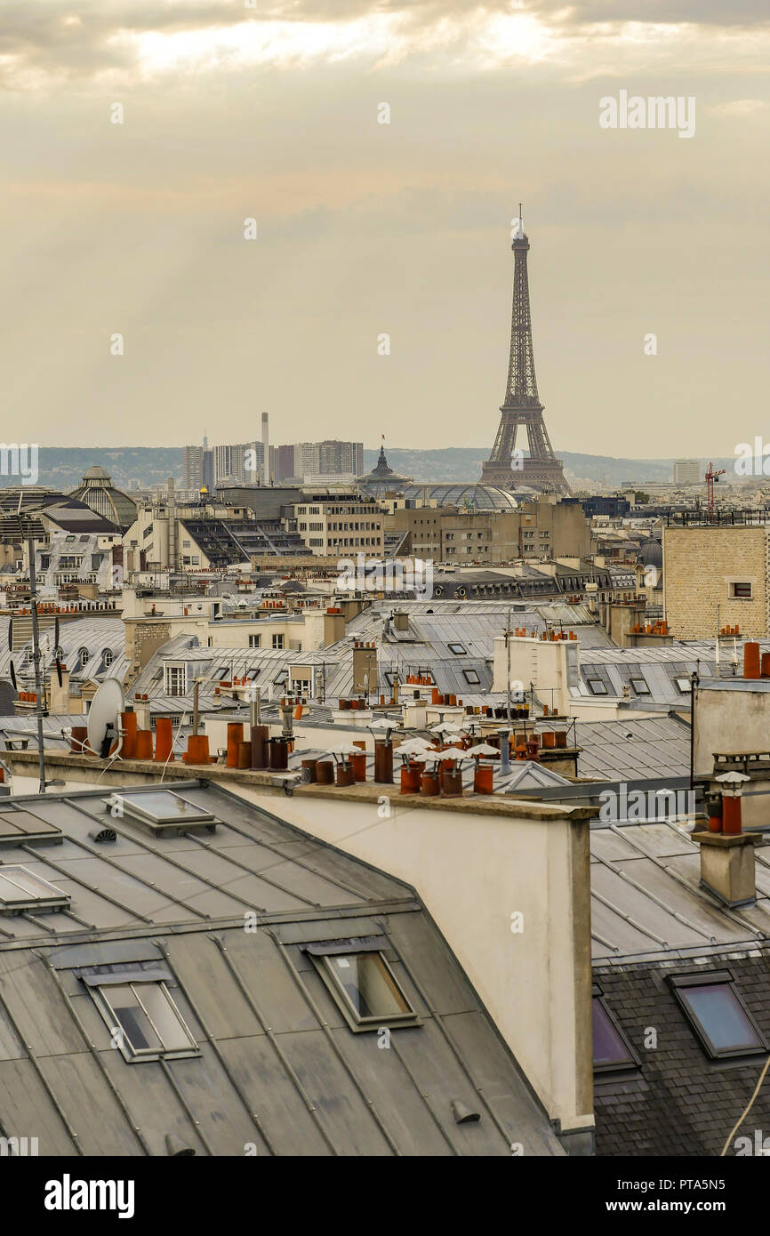The roofs of Paris and its chimneys under a clouds sky, France, Europe ...