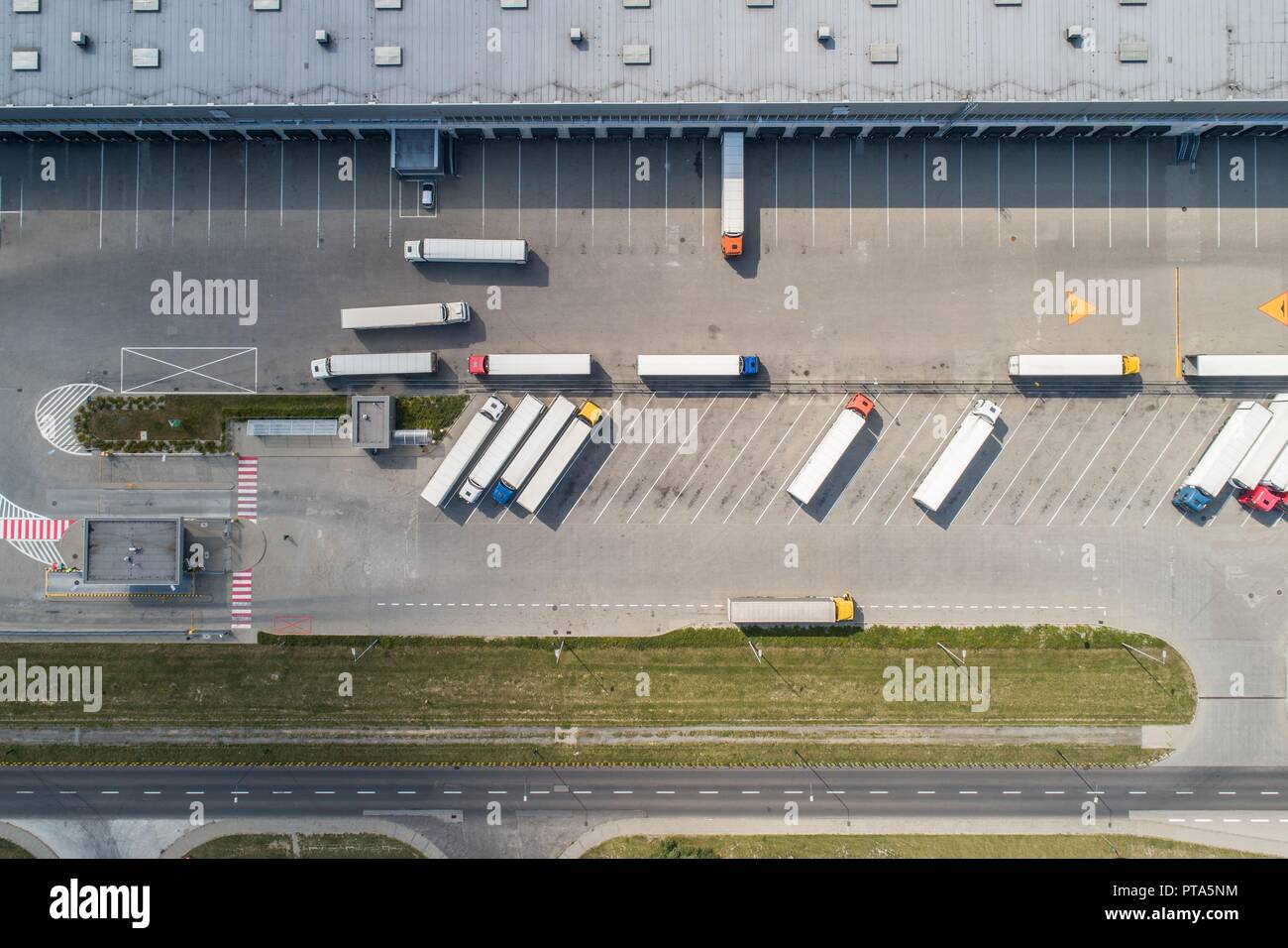 Aerial drone view on warehouse and logistic center. Logistic and ...