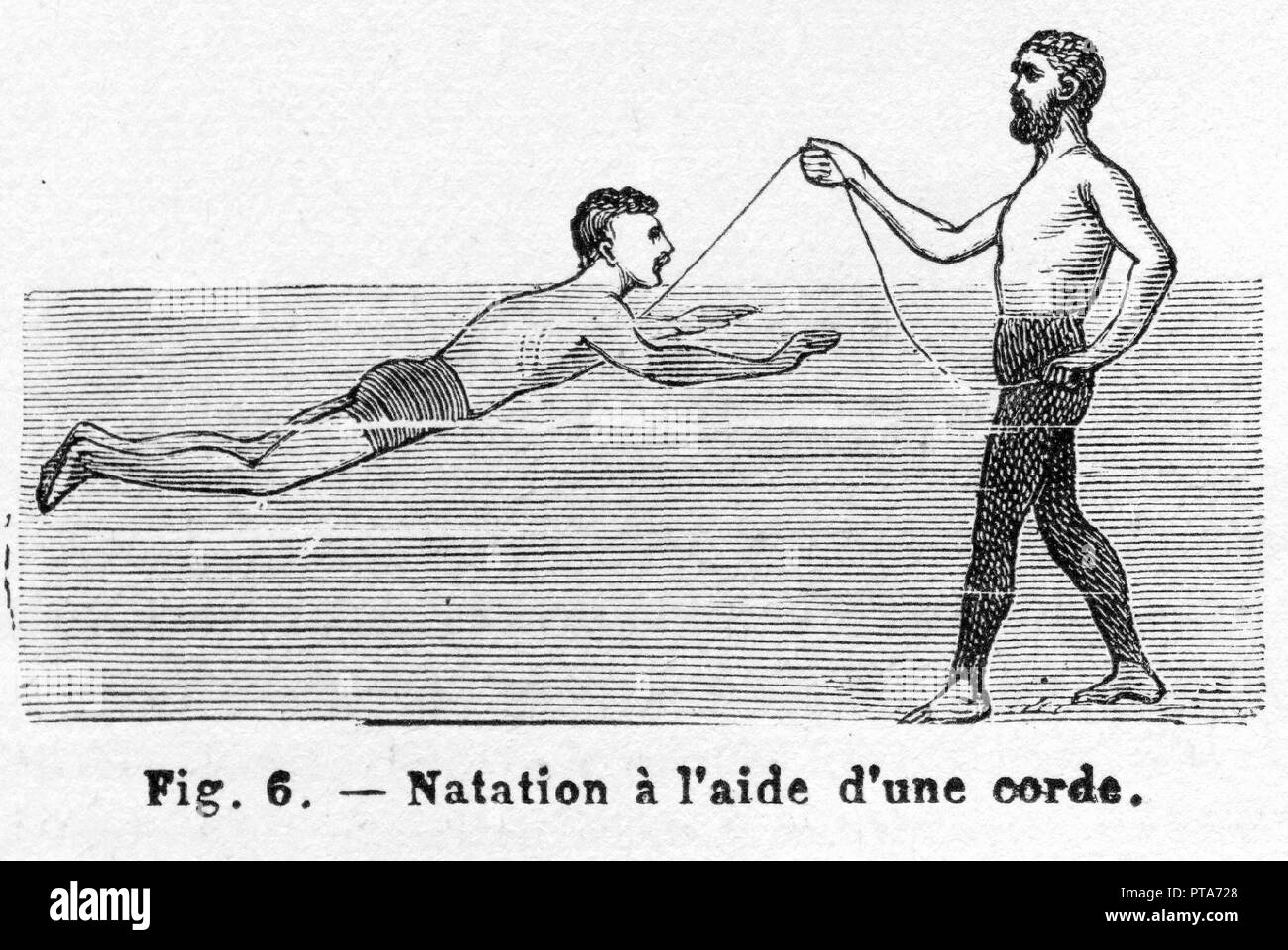 Learning to Swim using a Cord, pub. 1885 (engraving), 1885. Creator ...