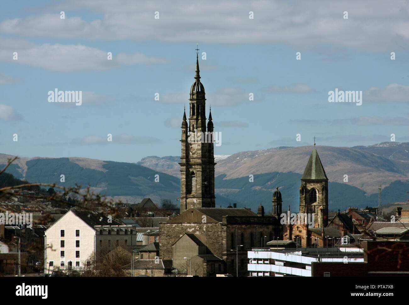 Looking across the roofs of the Scottish town of Greenock to the hills ...