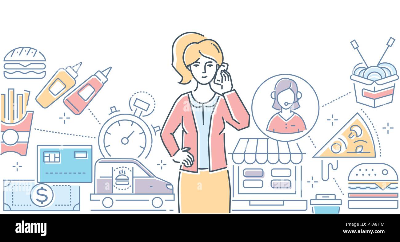 Food delivery - colorful line design style banner on white background ...