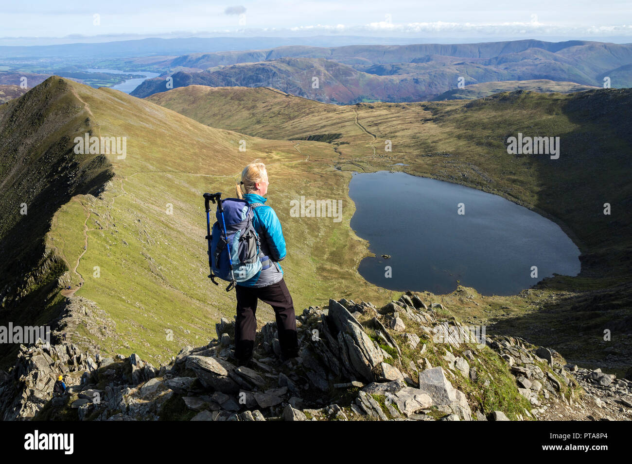 Walker Enjoying the View Over Red Tarn from Swirral Edge, Helvellyn ...
