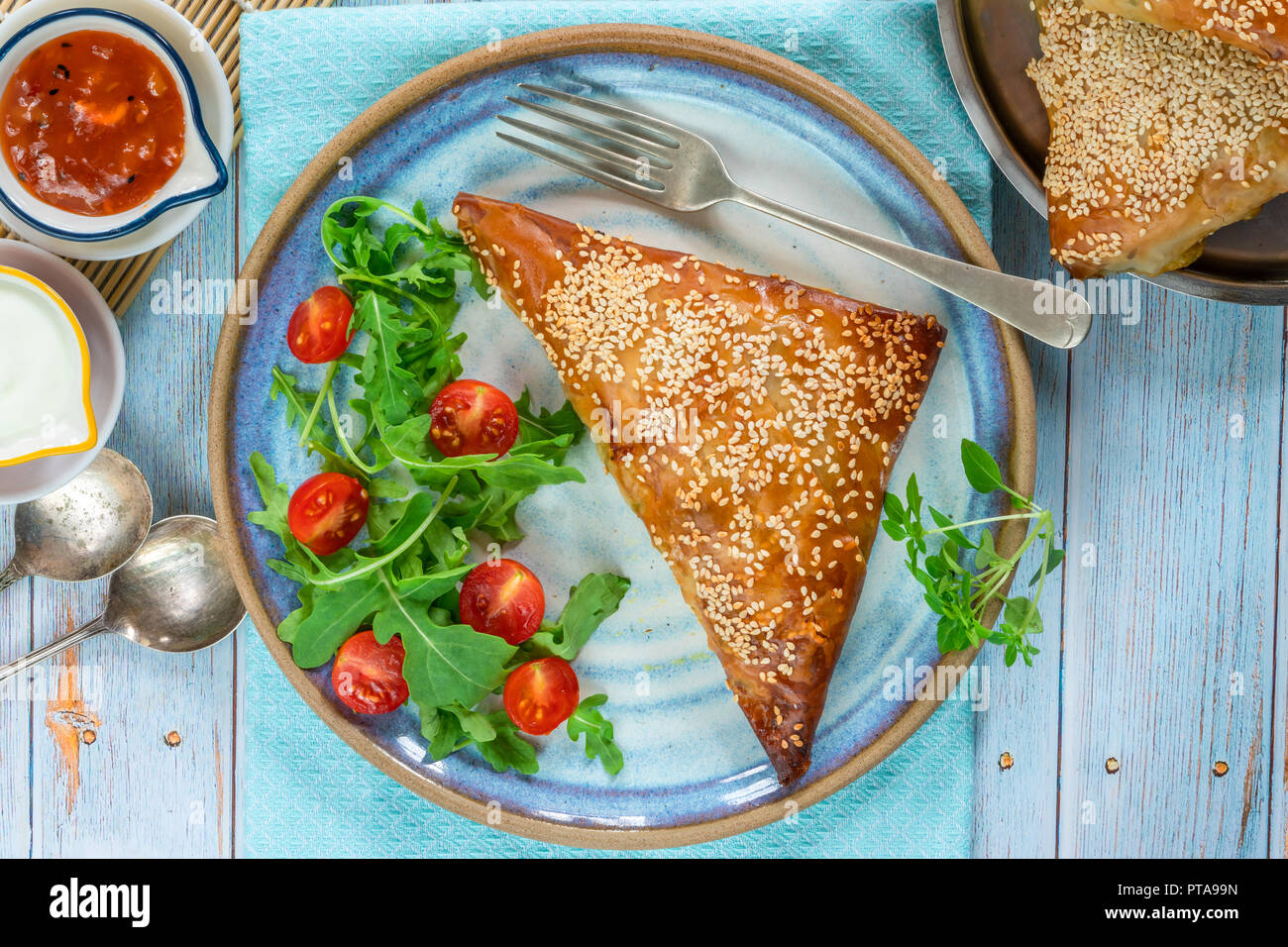 Giant chicken samosas with mango chutney and fresh salad, sprinkled ...