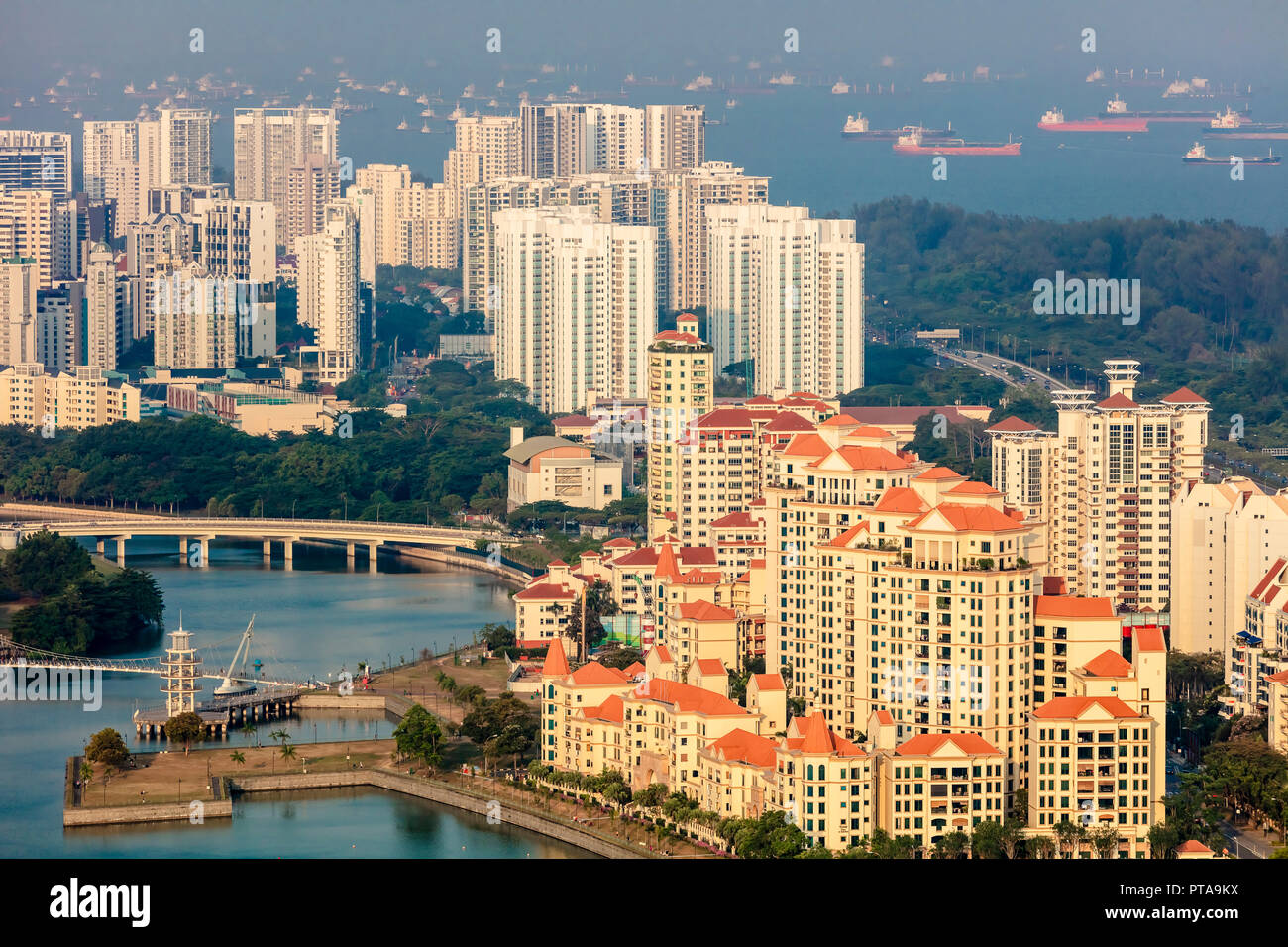 Aerial view of Singapore high density architecture at National Stadium ...