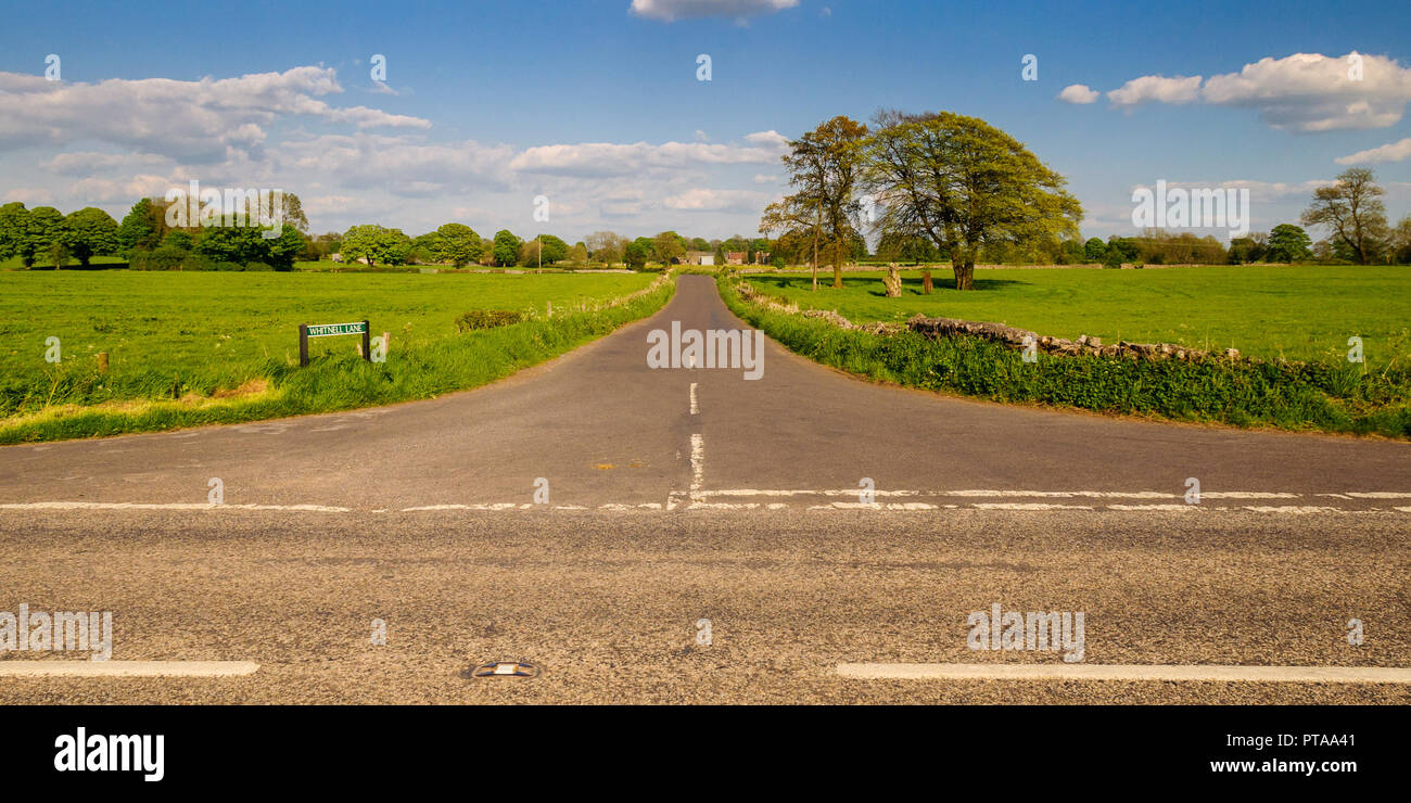 A narrow country lane runs through typical Mendip Hills landscape of ...