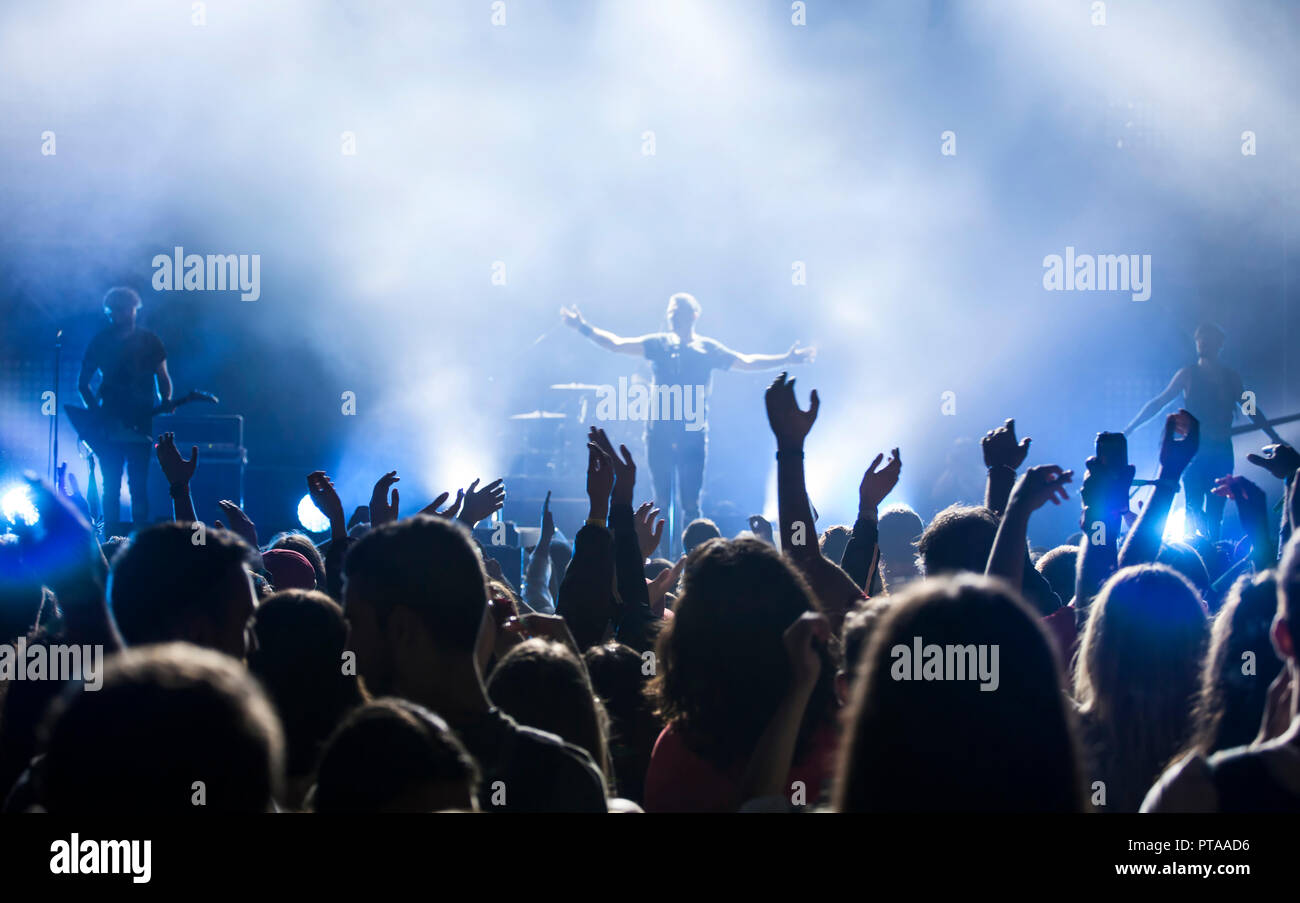 Crowd at concert - Cheering crowd in bright colorful stage lights Stock ...