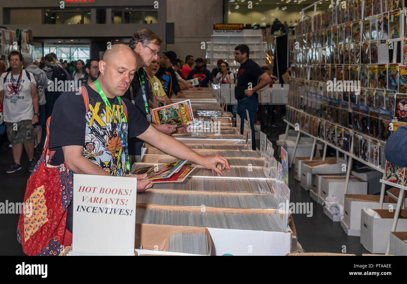 New York, NY, USA - October 4, 2018: Comic Books vendor sells comics ...