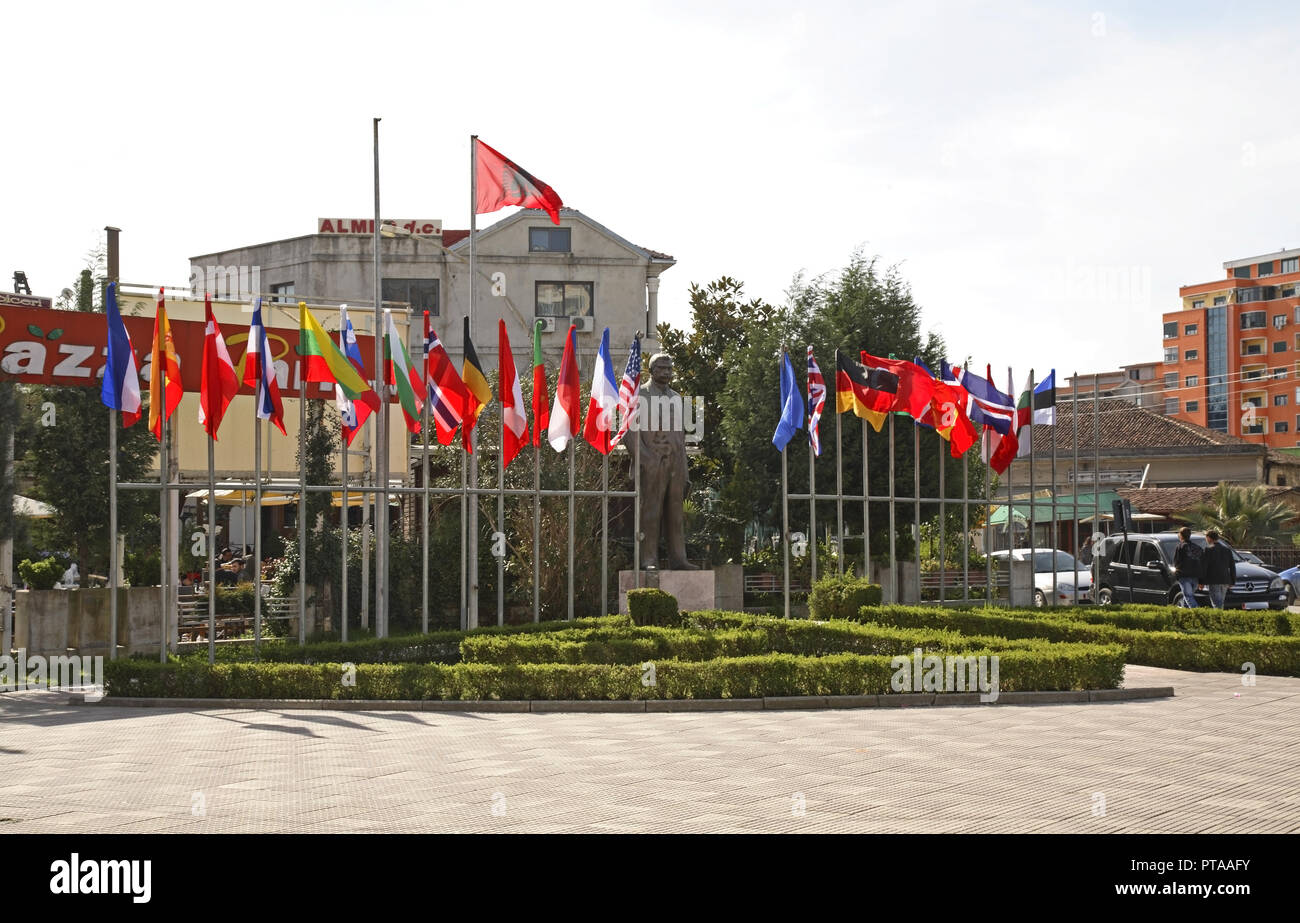 Monument and flags in Shkoder. Albania Stock Photo - Alamy